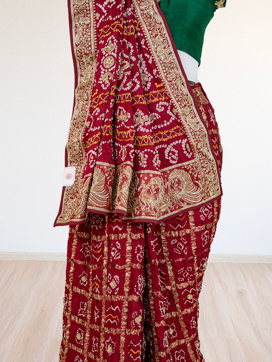 Maroon Embroidered Gharchola Saree in Gaji Silk – Khatri Jamnadas Bechardas