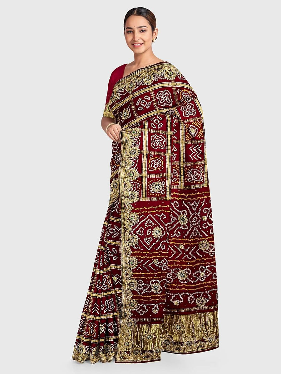 Maroon Embroidered Gharchola Saree in Gaji Silk – Khatri Jamnadas Bechardas